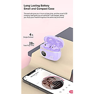 eDealz in-Ear Wireless Bluetooth 5 Headphones, Earbuds IPX5 Waterproof with Microphone Rechargeable USB C Case with Round LCD Display for Smartphones Android iOS (Purple)