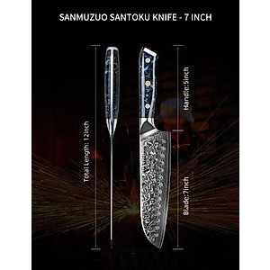 SANMUZUO Santoku Knife - 7 inch - Xuan Series - VG10 Damascus Steel Kitchen Knife - Resin Handle (Starry Black)