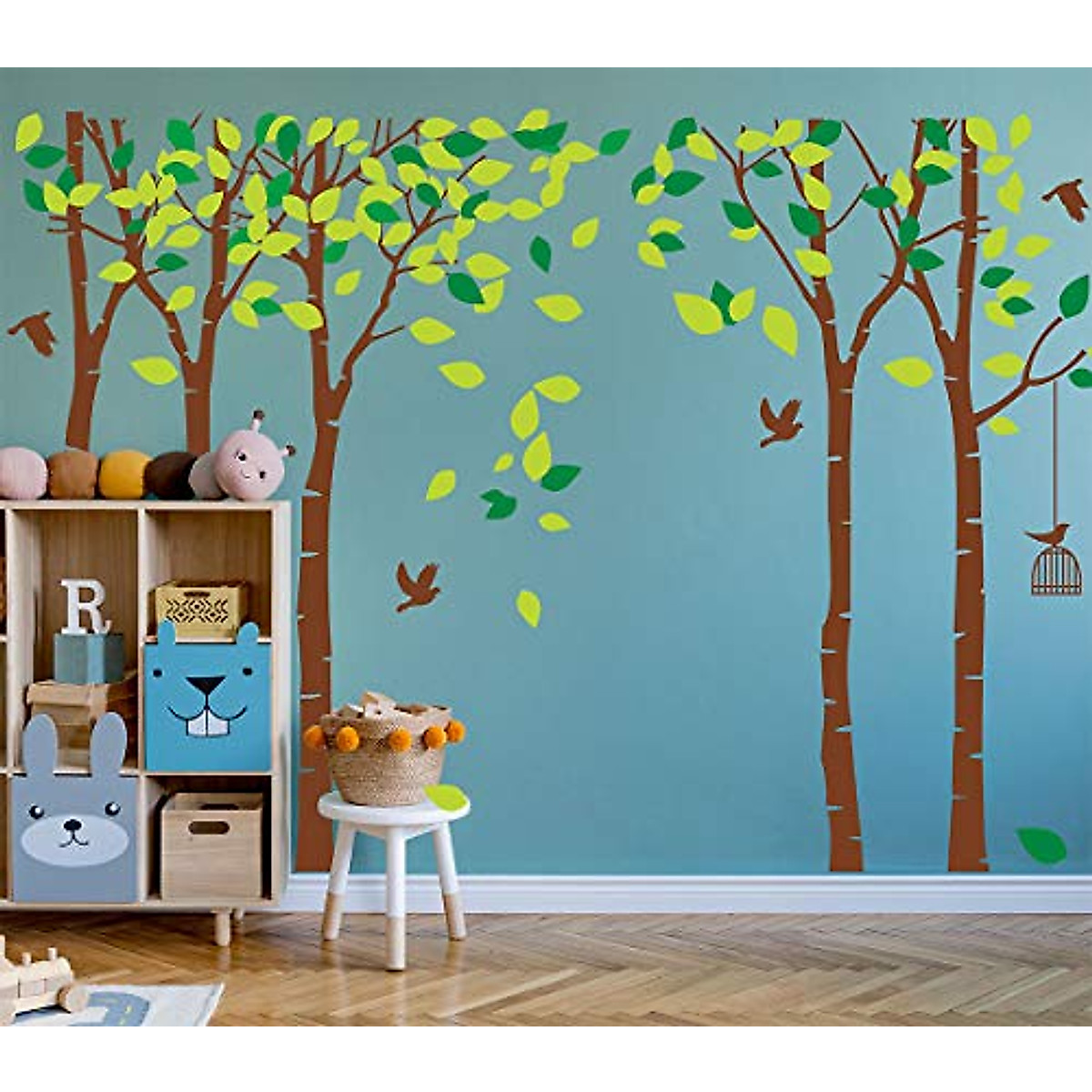 Large Five Family Trees with Birds and Birdcage Jungle Tree Wall Decal Removable Vinyl Sticker Mural Art Baby Girl Nursery Decor Baby Room Decor Kids Room Decor (103.9x70.9) (Brown)