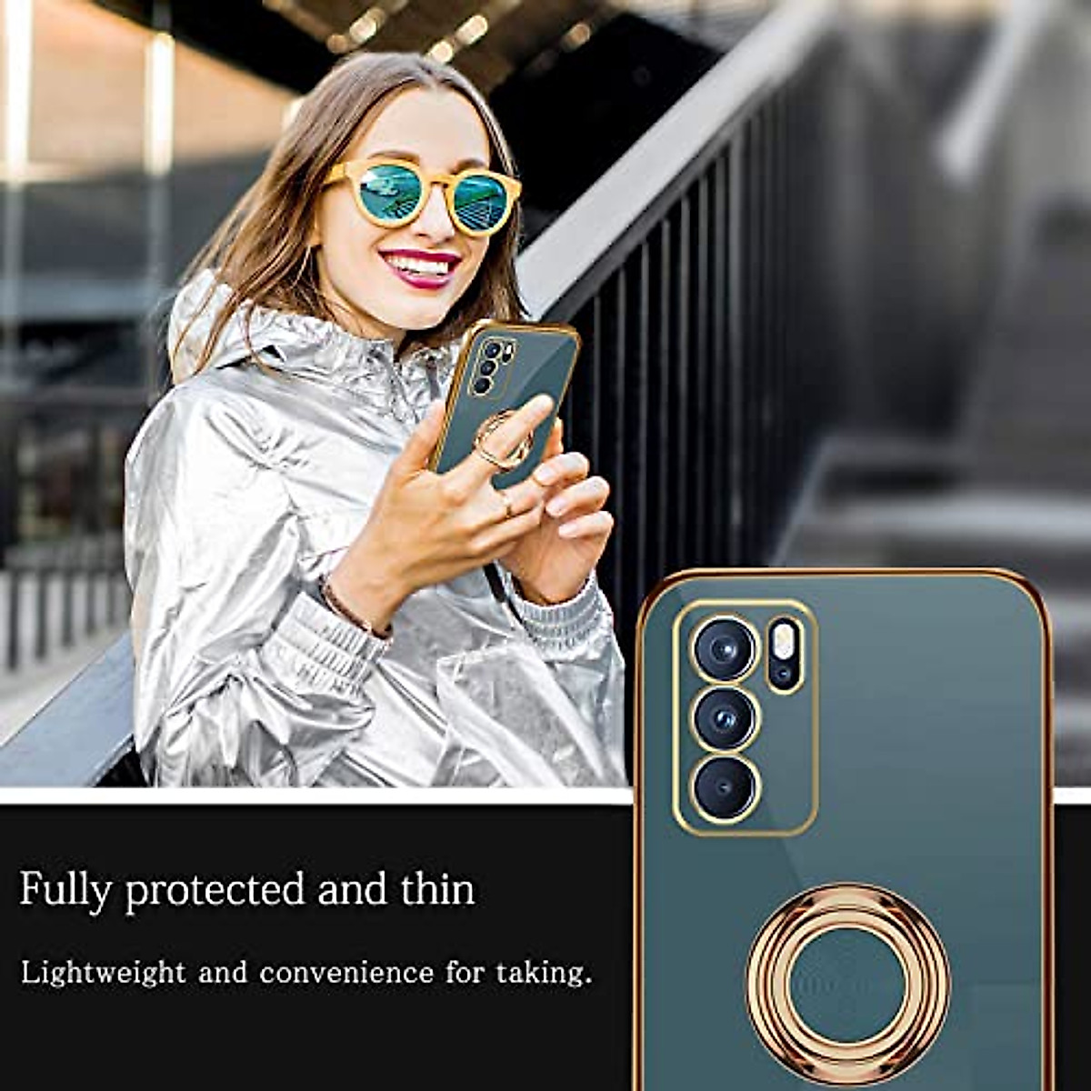 Wousunly Compatible with Oppo Reno 6 5G Case Ring Holder Magnet Green, Oppo Reno 6 5G Phone Case Silicone Shockproof Plate Luxury Slim Cover (Grey)