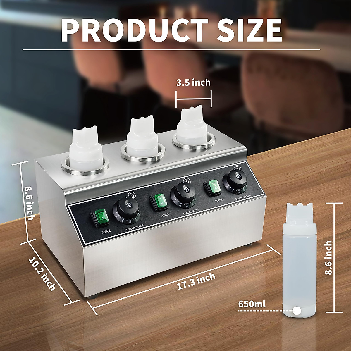Generic Electric Sauce Warmer Dispenser Commercial Hot Fudge Sauce Bottle Warmer Nacho Cheese Warmer Dispenser with 650ml Bottles 30-85℃ Adjustable, Silver
