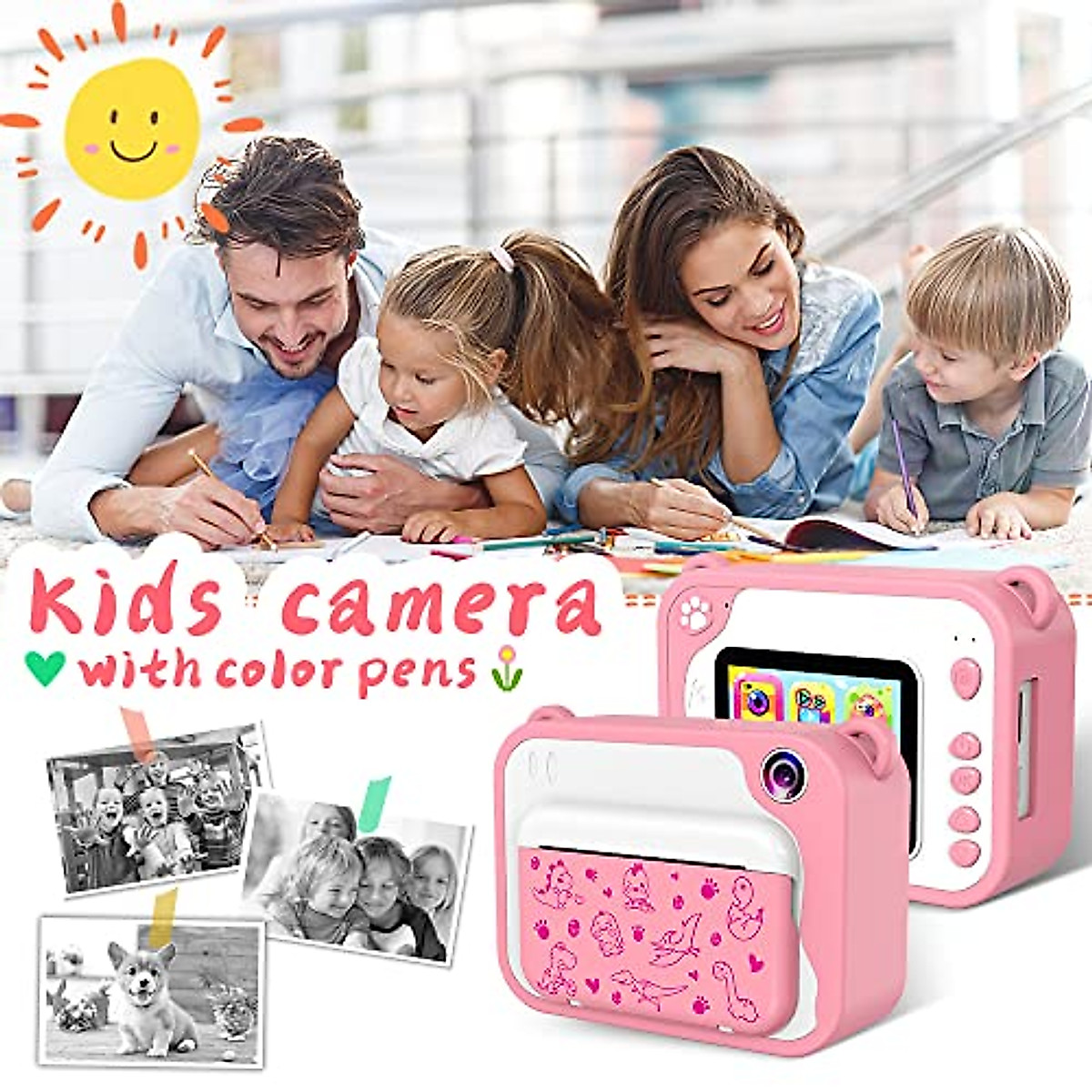 USHINING Instant Print Camera for Kids, 12MP Digital Camera for Kids Aged 3-12 Ink Free Printing 1080P Video Camera for Kids with 32GB SD Card,Color Pens,Print Papers (Pink)