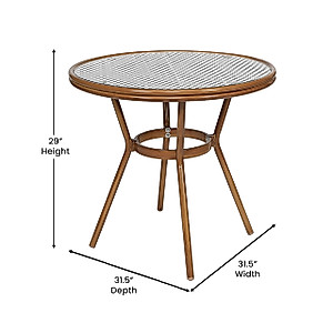 Flash Furniture Bordeaux Indoor/Outdoor Commercial Bistro Set - Tempered Glass Top Table - 2 Chairs - PE Rattan - NAT Bamboo Print Aluminum Frame - Black/White