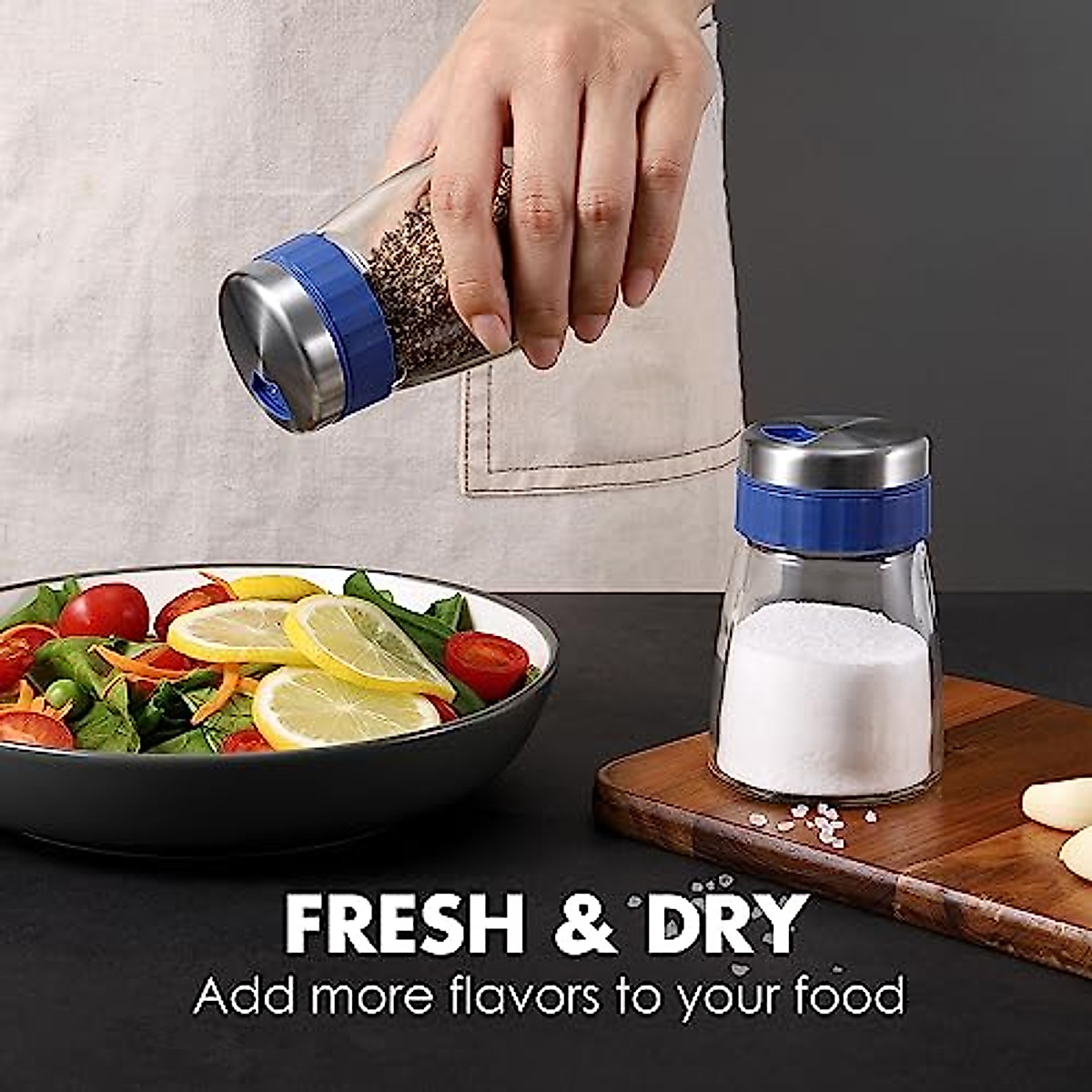 vzaahu Blue Glass Salt and Pepper Sharkers Set with Adjustable Pour Holes - Spice Shaker Salt Dispenser Pepper Dispenser - Perfect for Pink Himalayan, Table Salt, Black and White Pepper (Blue)