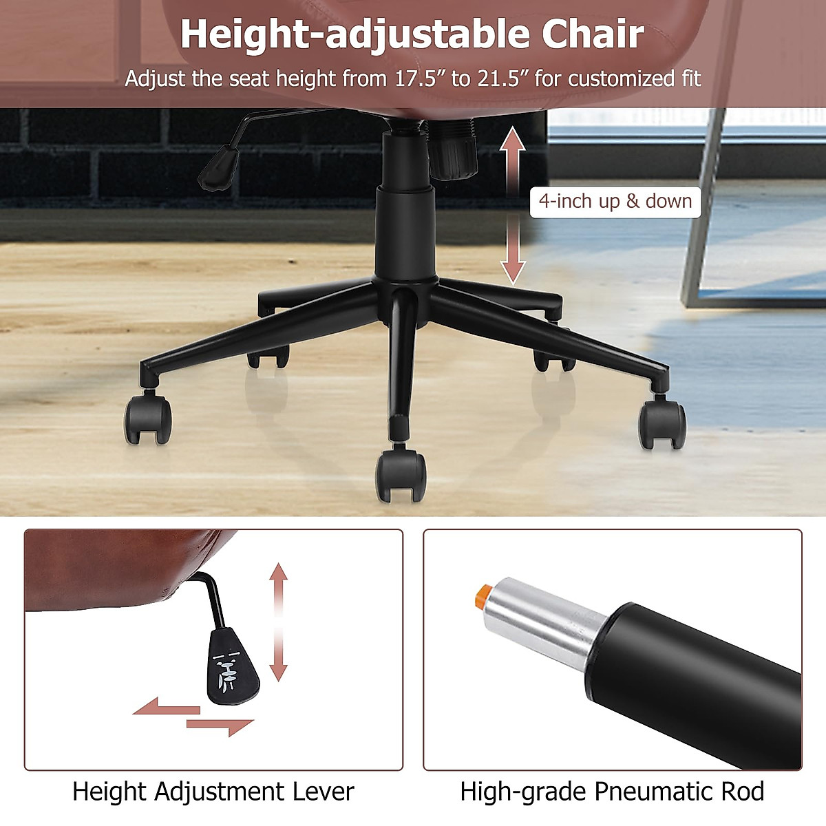 COSTWAY Armless Office Desk Chair, Mid-Back PU Leather Computer Task Chair with Rocking Back & Swivel Seat, Ergonomic Adjustable Leisure Chair with 5-Claw Metal Base for Home Office, Brown