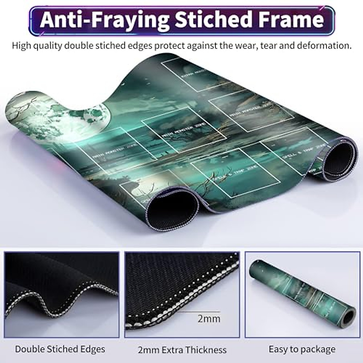 Playmat for OCG, Game Play Mat for TCG CCG 24 x 14 inch with Non-Slip Rubber Base and Stitched for Board Games and Table Magic, Moon and River at Night