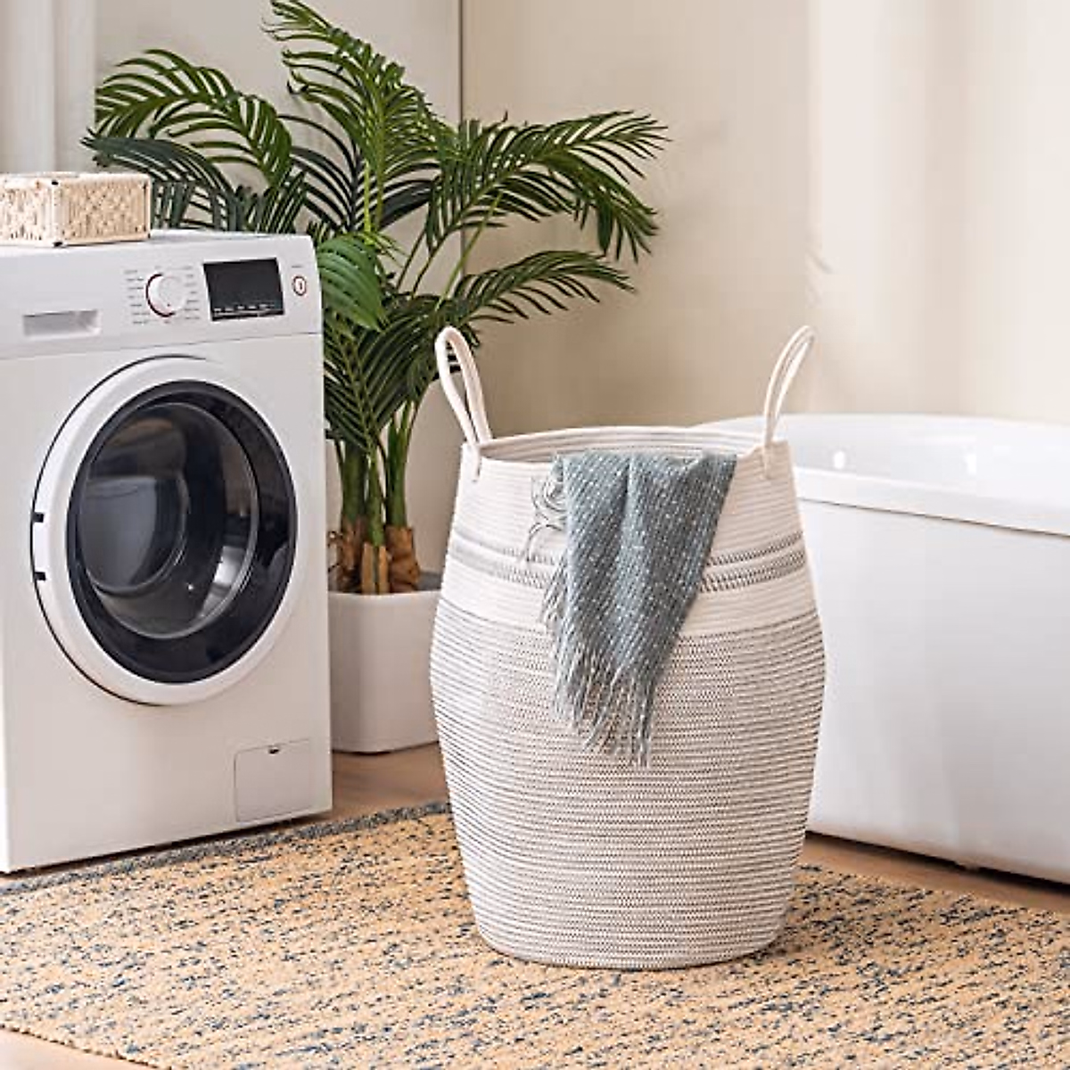 Fiona's magic Extra Large Laundry Hamper Basket, 105L Woven Tall Clothes Hamper with Long Handle for Storage Blanket, Toys and Dirty Cothes in Bedroom and Living Room, Christmas Gift, White