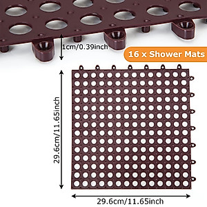 16Pack 11.8 x 11.8 Inch Interlocking Rubber Floor Tiles Non-Slip Shower Pool Deck Tiles for Flooring, Soft PVC Splicing Modular Cushion Mat Drainage Mats for Patio Garage Kitchen Bathroom (Brown)