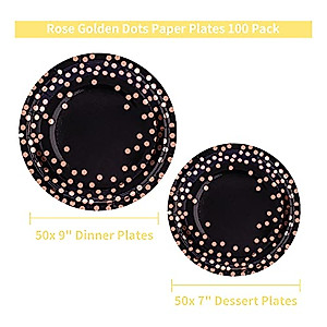 Round Disposable Black and Rose Gold Dotted Paper Plates - 50 x 9" and 50 x 7" Dinner Plates, Foil Polka Dots Occasions