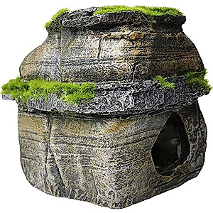 PINVNBY Aquarium Rock Cave, Hollow Fish Tank Ornament, Betta Hiding Hut Resin Mountain Landscape with Moss for Shrimps Guppies Cichlids Playing Resting