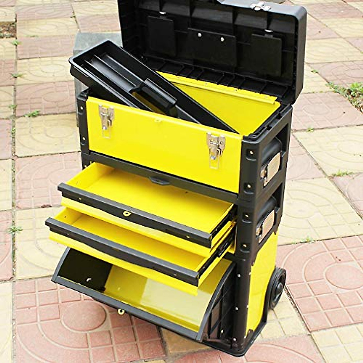 YGCBL Multifunction Portable Hand Trucks,Trolleytool Trolley Cart 3-Tier Combination Pull Rod Organizer Multifunction Large Toolbox Load Bearing 80Kg, 520X320X720Mm,Black+Yellow