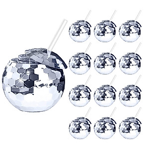 ZHURUININ 12 PCS Disco Ball Cups, 20Oz Disco Party Cups with Lid and Reusable Straw Flash Ball Cocktail Cup for Party Nightclub Bar Supplies Wine Drinking Syrup Tea Bottle (Silver)