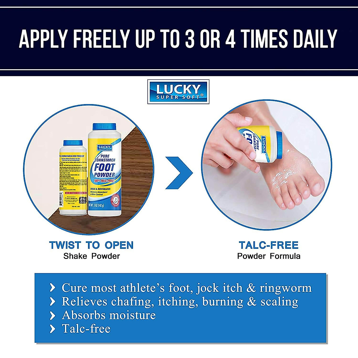 Lucky Super Soft Cornstarch Foot Powder, Talc-Free, Moisture Absorbing Odor Fighting Formula, Natural Protection Against Chafing - (12, 5-Ounce Bottles)