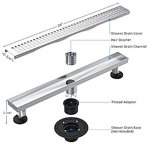 ZEKOO Linear Shower Drain 24 Inch Brushed Nickel,304 Stainless Steel Floor Drain for Bathroom,Rectangular Shower Floor Drain with Grate Removable,Linear Drain