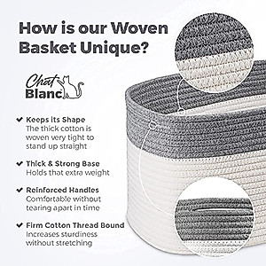 Cotton Rope Basket for Storage | 15"x10"x9" Set of 3 White & Gray Medium Storage Baskets for Organizing with Handles works as Cloth Baskets, Blanket Basket, Big Woven Laundry Basket or Toy Bin like Wicker Laundry Baskets