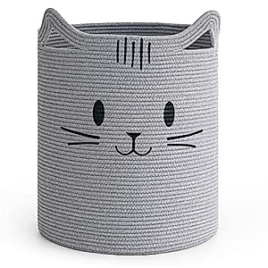 INDRESSME Laundry Basket, Cute Cat Basket with Handles, Tall Woven Basket, Baby Hamper for Nursery, Blanket Basket for Living Room, Storage Basket for Toys, Dirty Clothes, 16"L x 20"H, Grey