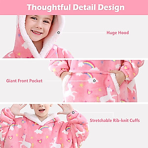Wearable Blanket Hoodie for Kids, Super Warm and Soft Sherpa Flannel Sweatshirt Blanket with Giant Pocket, Hooded Blanket for 2-6 Year Old Girls Gifts, Pink Unicorn