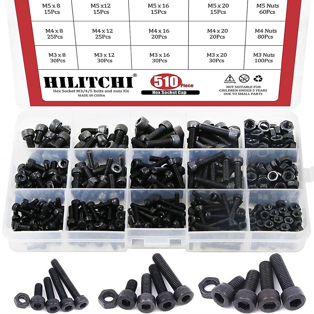 Hilitchi 510-Pcs M3 M4 M5 Alloy Steel Socket Cap Screws Hex Head Bolt Nuts Assortment Kit - 12.9 Grade Alloy Steel (Hex Socket)