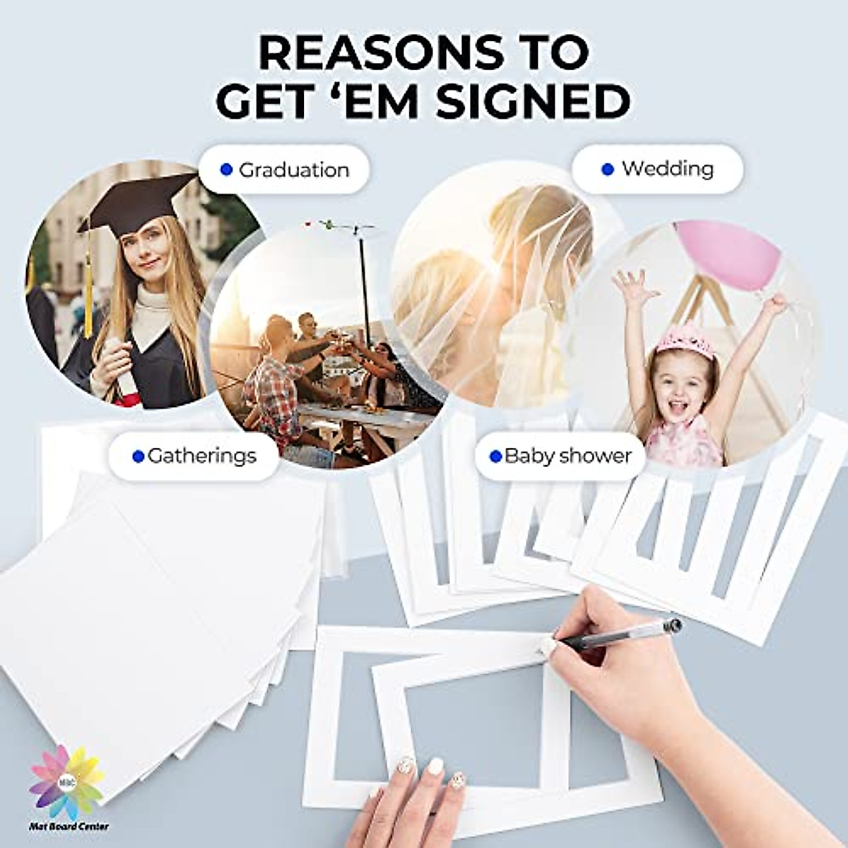 Mat Board Center, Pack of 50, 11x14 for 8x10 - White Mats, Clear Bags, Backing Boards - Acid Free, 4-ply Thickness, White Core - for Pictures, Photos, Framing