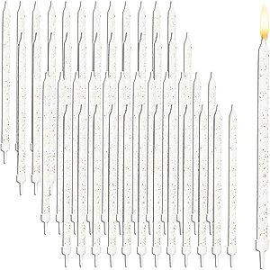 White Gold Glitter Long Thin Birthday Cake Candles in Holders (5 in., 48 Pack)