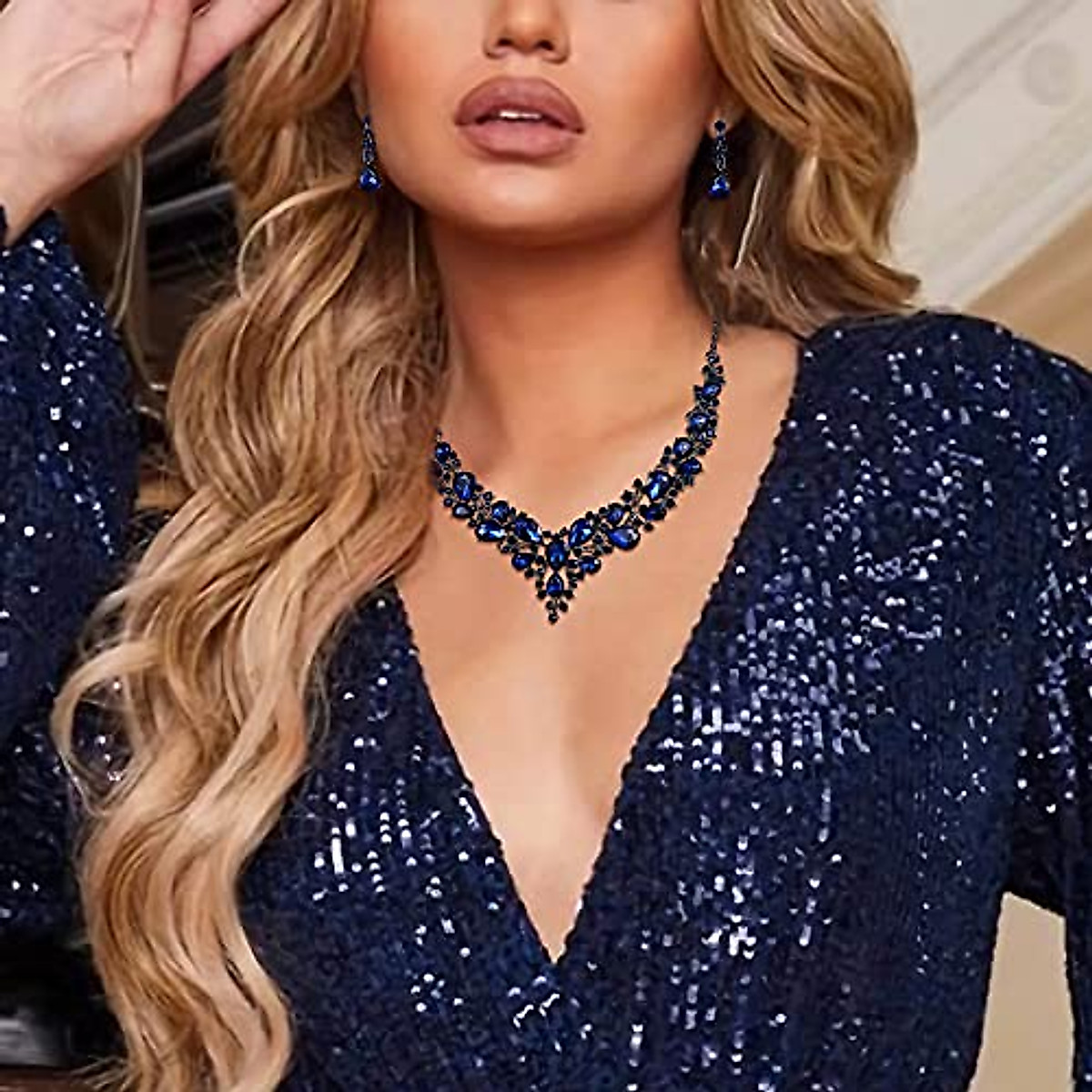 BriLove Wedding Bridal Jewelery for Women Austrian Crystal Teardrop Cluster Statement Necklace Dangle Earrings Link Bracelet Set Navy Blue Sapphire Color Black-Silver-Tone