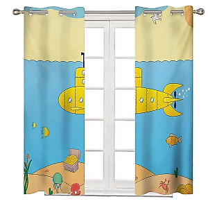 Blue Yellow Beige Kids Blackout Curtains 84 Inch Long Yellow Submarine Grommets Blackout Curtains for Bedroom/Living Room W72 x H84