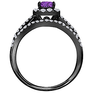 DS Jewels 2.00 CT Princess Cut Created Purple Amethyst 14k Black Gold Rhodium Plated Alloy Split Shank Halo Style Wedding Band Engagement Bridal Ring Set Size 4-12