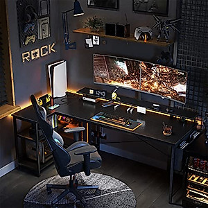 ODK L Shaped 66 Inch Computer Desk with USB Charging Port & Power Outlet, L-Shaped Gaming Desk with Storage Shelves & Monitor Shelf for Home Office Workstation, Modern Writing Table, Black