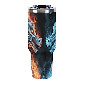 LLUTSNTH 40 Oz Vacuum Tumbler with Violet Handle Leakproof Insulated Tumbler Ice And Fire Dragons Stainless Steel Travel Mug with Lid And Straw Coffee Cup Cute Water Bottles Cup Holder Friendly