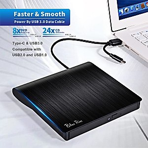 BLUERICE External DVD/CD +/- RW Drive for Laptop Desktop MacBook PC Linux Mac OS Windows 7/8/10/XP/Vista, USB 3.0 Portable CD DVD ROM Rewriter Burner Writer