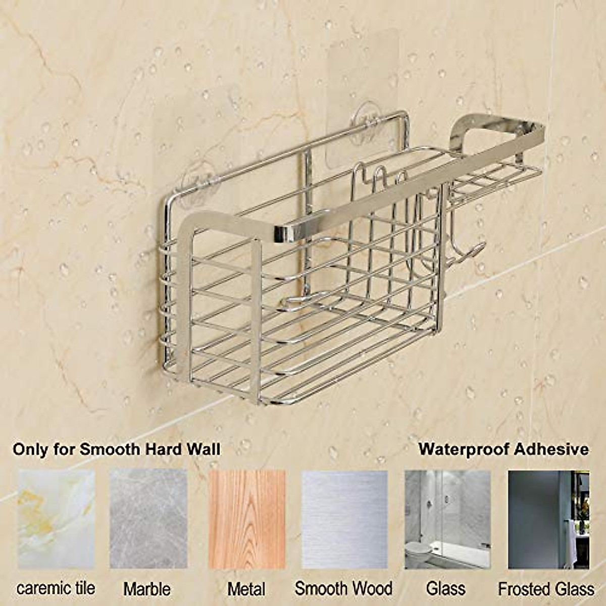 Joyfamy Rustproof Hanging Shower Caddy with Hooks, Wall Mounted Adhesive Bathroom Shower Shelf Storage Organizer Basket, No Drilling Stainless Steel Soap Sponge Shampoo Conditioner Holder Kitchen Rack