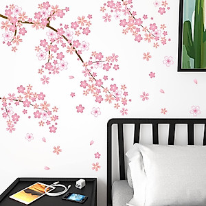 RW-045 Giant Pink Peach Blossom Wall Decals Plum Flowers Tree Branches Wall Stickers DIY Removable Cherry Floral Trees Petals Wall Decor for Kids Girls Bedroom Living Room Nursery Office Decoration