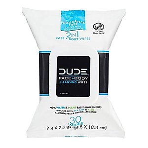 DUDE Wipes Face and Body Wipes - 1 Pack, 30 Wipes - Unscented Wipes with Sea Salt & Aloe - 2-in-1 Body & Face Wipes - Alcohol Free and Hypoallergenic Cleansing Wipes