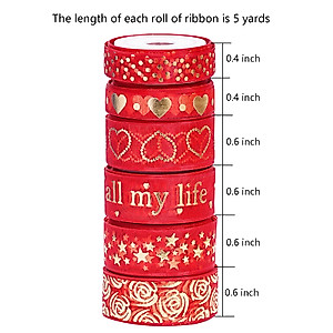 Yookat 6 Rolls Valentine's Day Ribbon Printed Heart Ribbons Mother's Day Ribbon for Valentine's Day Mother's Day Wedding Gift Wrapping