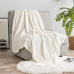 MIULEE Cream White Throw Blanket 3D Ribbed Jacquard Fleece Flannel Velvet Plush Decorative Bed Blanket (Throw, 50" x 60") - Super Soft, Lightweight, Warm and Cozy for Couch Sofa