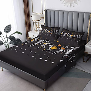 Skeleton Sheets Full Size, Halloween Bed Sheets, Patterned Bedding Sheets & Pillowcases 4 Piece Set - Soft Microfiber Deep Pocket Fitted Sheet & Flat Sheet & 2 Pillow Cases Z8-&-112