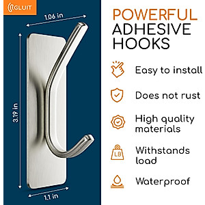 GLUIT Adhesive Towel Hooks for Bathroom Wall Hooks for Hanging Heavy Duty Coat Rack Sticky Hanger for Door Holder Durable Stainless Steel Chrome- 2 Pack