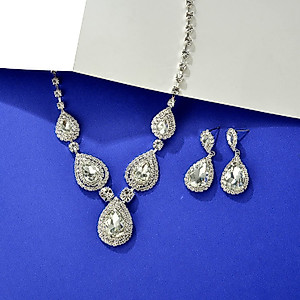 3 Pack Bridal Rhinestone Crystal Necklace Link Bracelet and Teardrop Dangle Earrings Jewelry Set Gifts fit with Wedding Dress Party