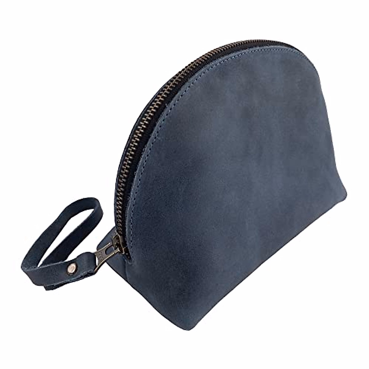 Hide & Drink, Cosmetic Travel Organizer with Hand Strap for Women, Makeup Bag, Classic Handbag, Full Grain Leather, Handmade, Slate Blue