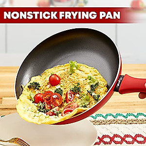 Cyrret 10 Inch Frying Pan Nonstick, Non Stick Skillets Egg Pan Omelette Pan with Healthy Coating, Red Cookware for Christmas Gift