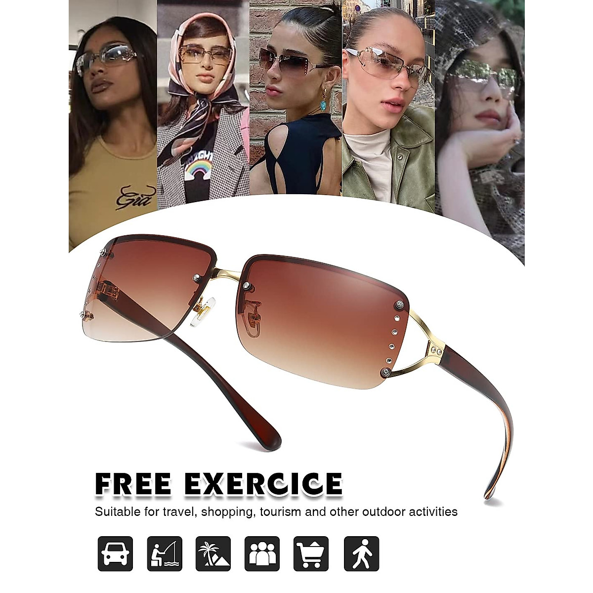 MASDUN Stylish Rimless Frameless Rectangle Sunglasses for Womens Surrounded designer trendy men (White Frame White Silver Lens/Brown Frame Brown Lens)