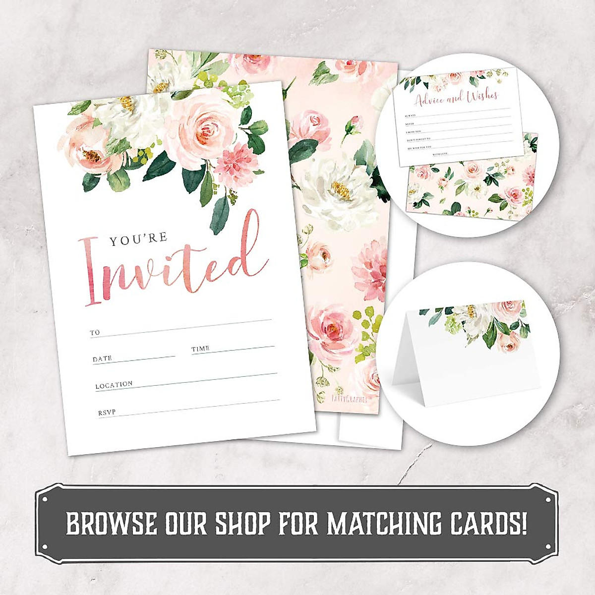 Floral Fill-in Invitations with Envelopes, Perfect for Bridal Shower, Baby Shower, Wedding, Rehearsal Dinner, Birthday Party, Anniversary Party (25 Pack)