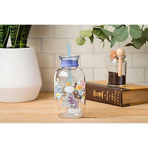 Silver Buffalo Care Bears Glass Milk Bottle with Straw Featuring Share Bear and Goodnight Bear, 15 Ounces