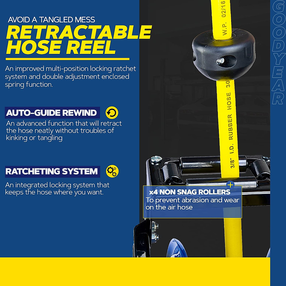 Goodyear Air Hose Reel Retractable 1/2" Inch x 50' Foot Long Premium Commercial Driven Sbr Hose Max 300 Psi Reinforced Steel Construction Heavy Duty Retractable Spring Industrial Dual Arm and Pedestal