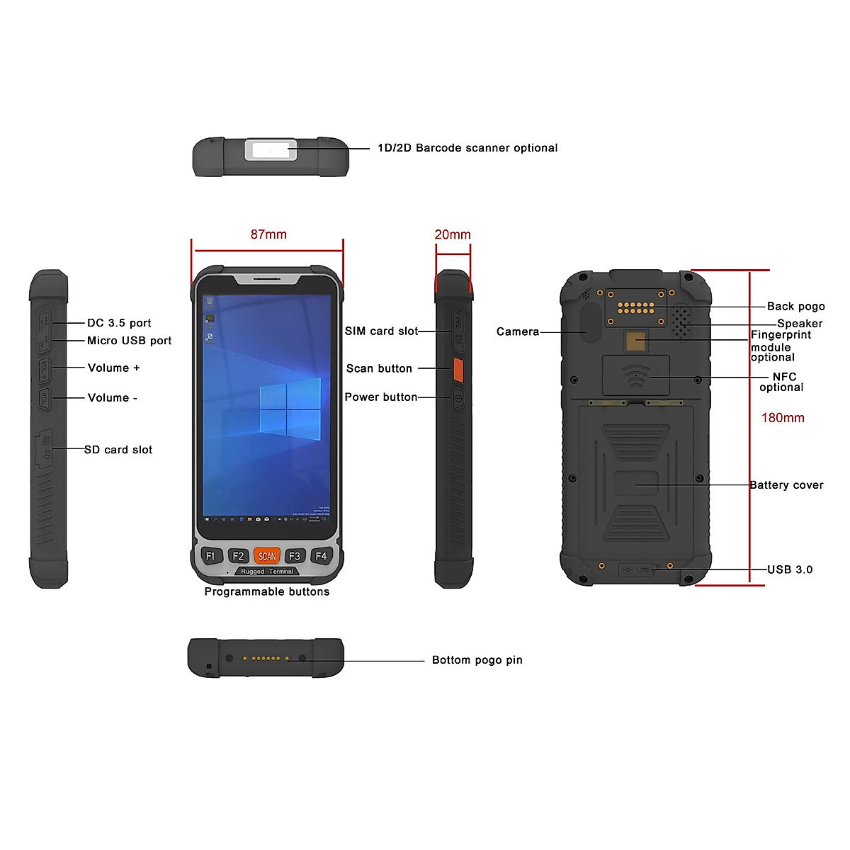 Sincoole 5.5 inch 4GB+64GB Windows10 Pro Handheld Terminal