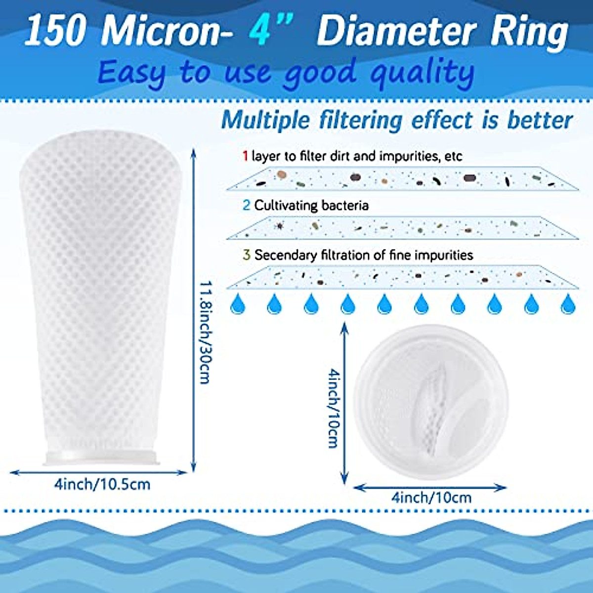 Jecery 8 Pcs Filter Socks 4 Inch 3D Honeycomb Design Filter Sock 4 Inch Ring by 11.8 Inch Long Saltwater Aquarium Filter Sock 150μm Aquarium Sump Filter Sock Use in Fish Tank Sump Overflow, White