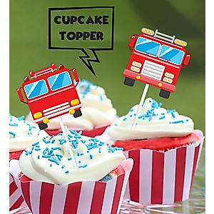 18pcs Red Glitter Fire Truck Dessert Cupcake Topper Firefighter Fireman Cars Theme Decor Supplies Baby Shower Boy Girl Happy Birthday Party Decorations