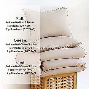 JOLLYVOGUE Queen Comforter Set 3 Pieces,Beige Bed in a Bag Boho Pom Pom Ball Bedding Sets for All Season, Lightweight and Soft Bedding Comforter Set with 1 Comforter and 2 Pillowshams