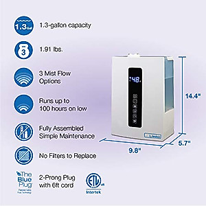 Lasko UH300 Warm and Cool Humidistat and Timer, Quiet, Soothing Ultrasonic Dual Mist Humidifiers for Baby Nursery, Bedroom, Kids, Large Room and Home, 4.9L Tank, No Filter, White