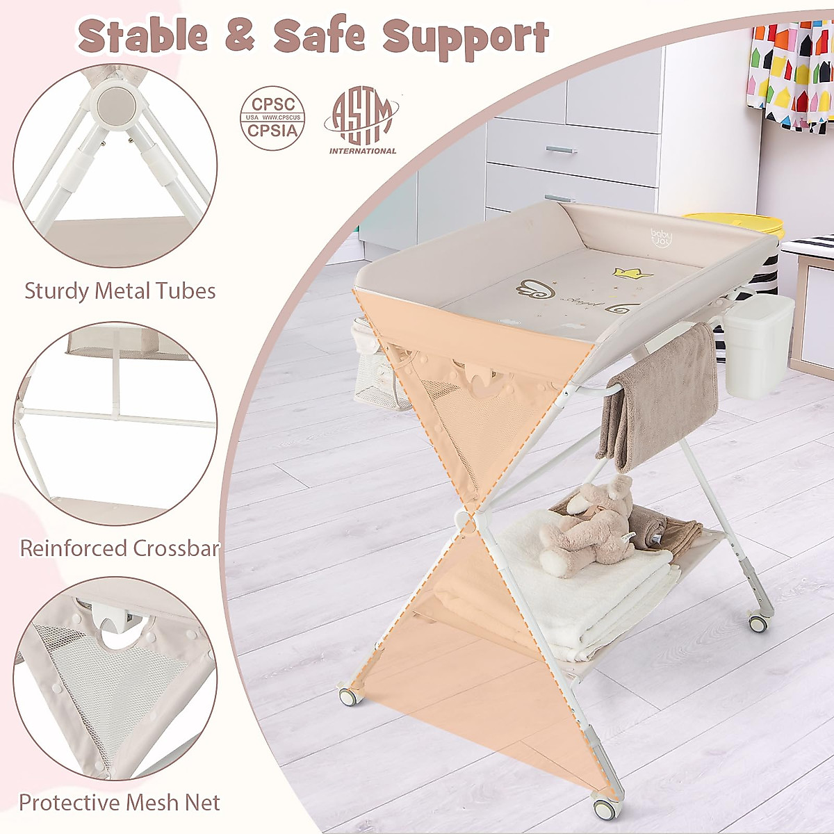BABY JOY Portable Baby Changing Table, Foldable Diaper Changing Station with Wheels, Adjustable Height, Large Storage Rack, Trash Can, Mobile Nursery Organizer for Newborn Infant (Beige)